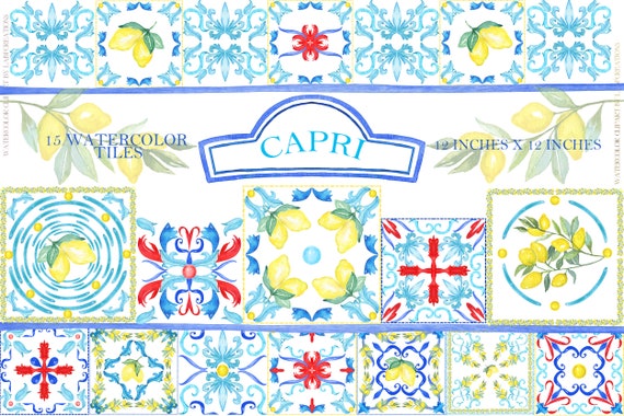 Watercolor TILES Capri Italy Wedding Lemons and Blue Tiles - Etsy