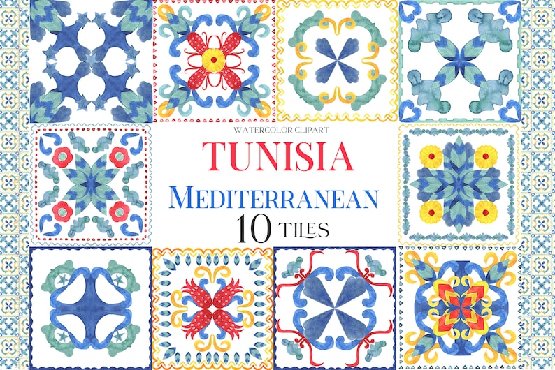 Watercolor Tiles Bright Red and Blue Tiles watercolor - Etsy