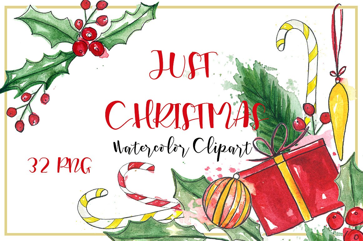Just Christmas. Watercolor Clipart Hand Drawn. Christmas Clip - Etsy
