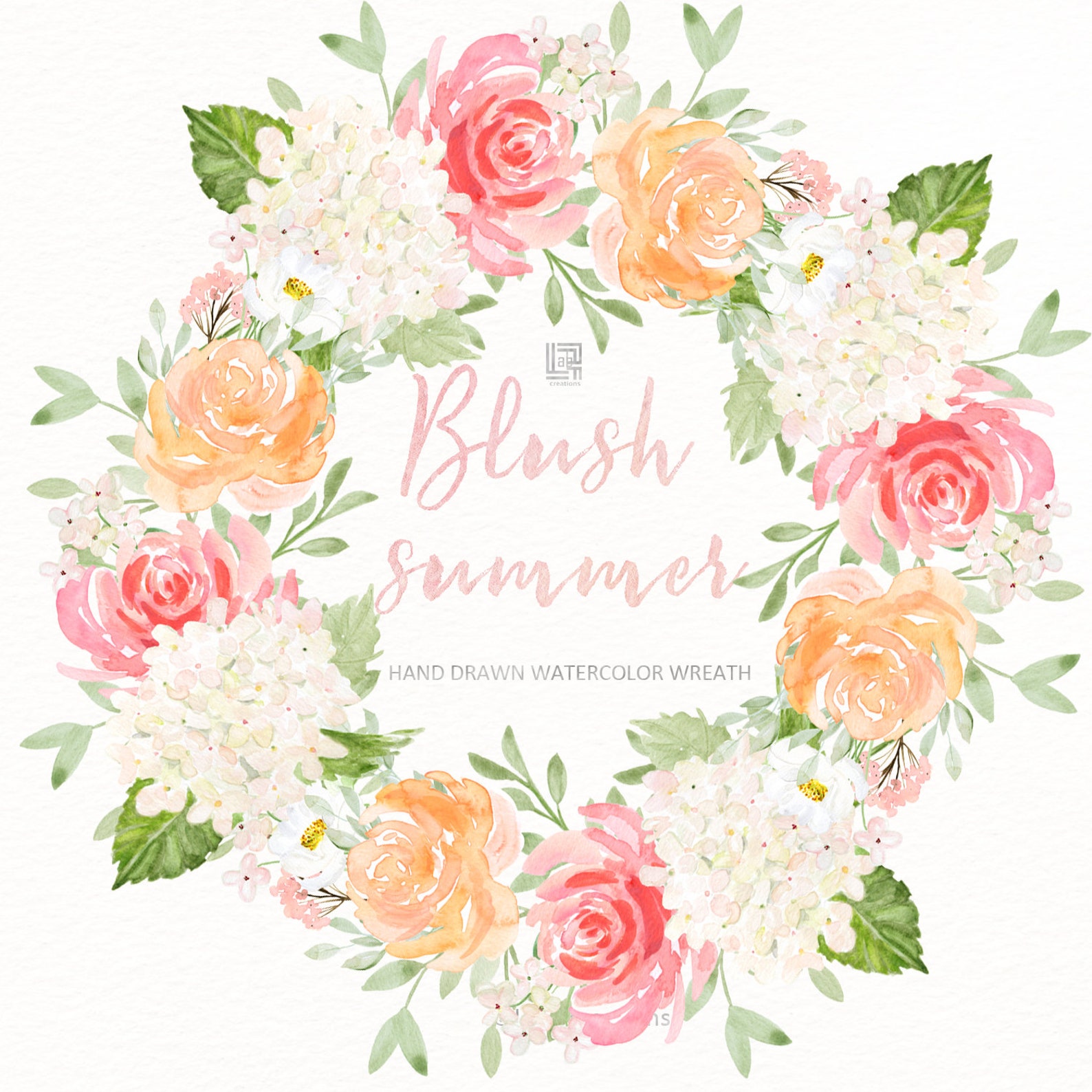 Blush Summer Wreath. Watercolour Flowers Clipart Hand Drawn. - Etsy