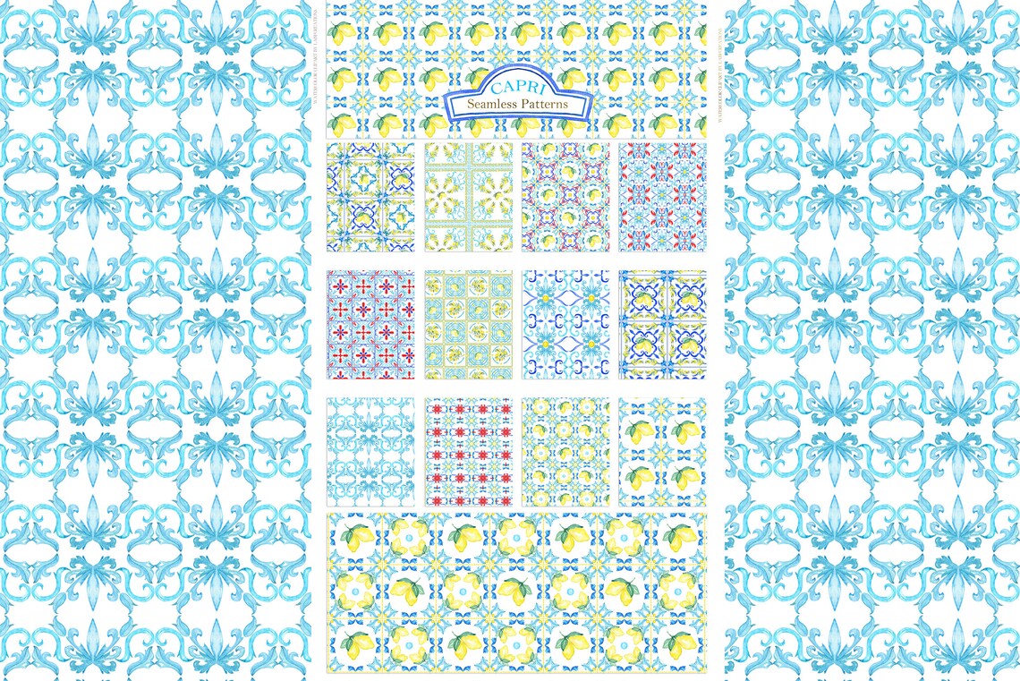 Seamless Patterns Capri Italy Wedding Watercolor Clipart. Lemons and ...