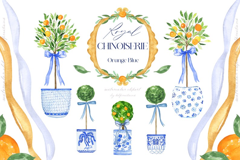 Royal Chinoiserie Orange & Blue Topiary. Watercolor Clipart - Etsy