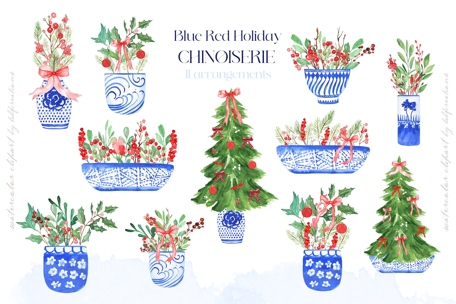 Blue Red Holiday Chinoiserie | Christmas Watercolor Clipart ...