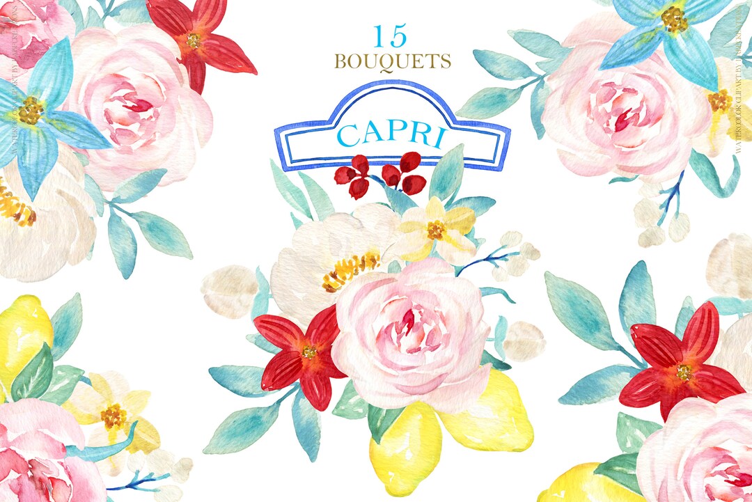 Capri Italy Wedding Watercolor Clipart. Lemons and Blue Tiles ...