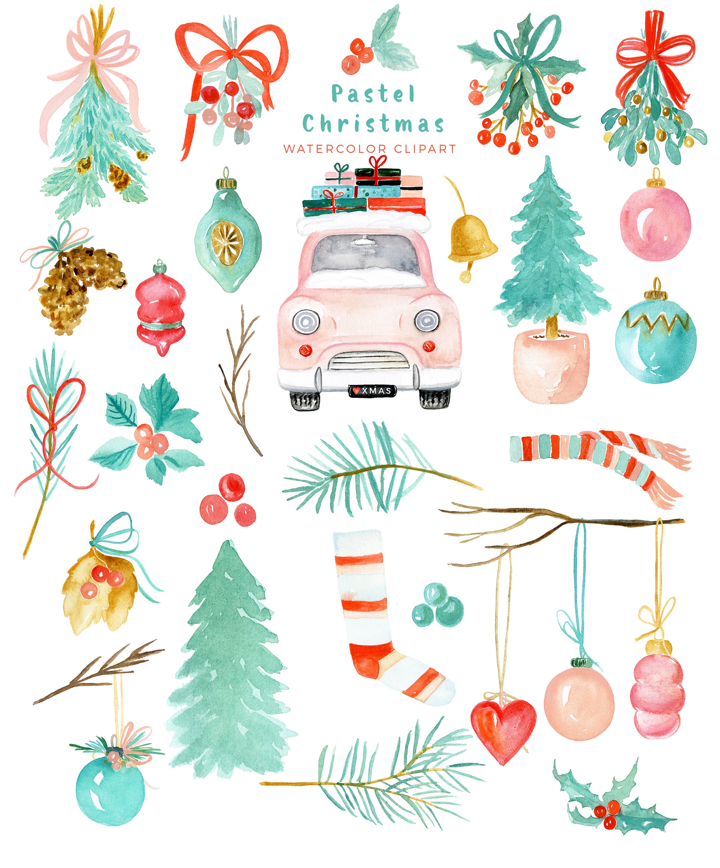 Pastel Christmas | Christmas Clipart | Watercolor Holiday Clip Art ...