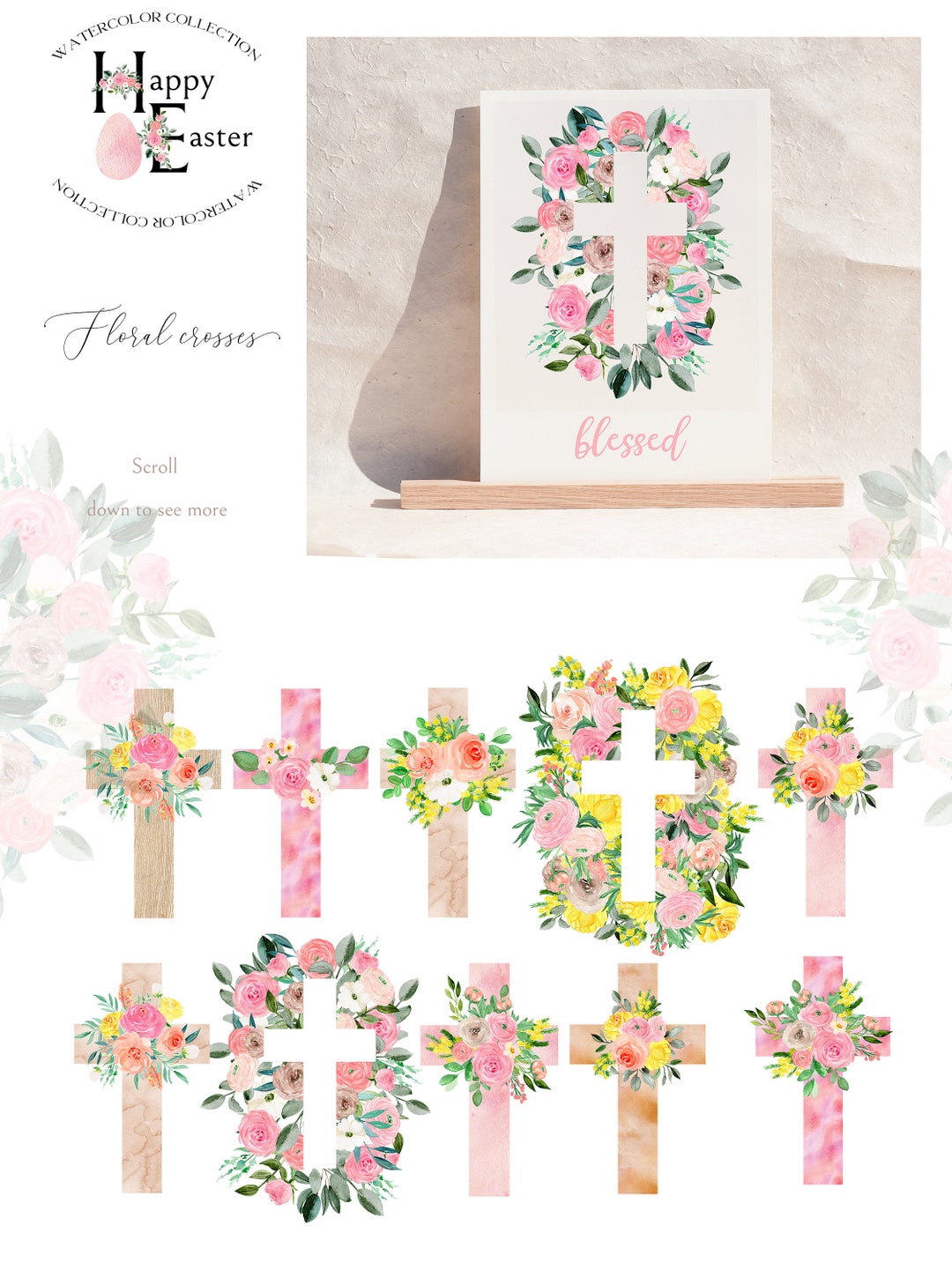 Floral Cross. Happy Easter. Spring Watercolor Clipart. Blush Pink and ...