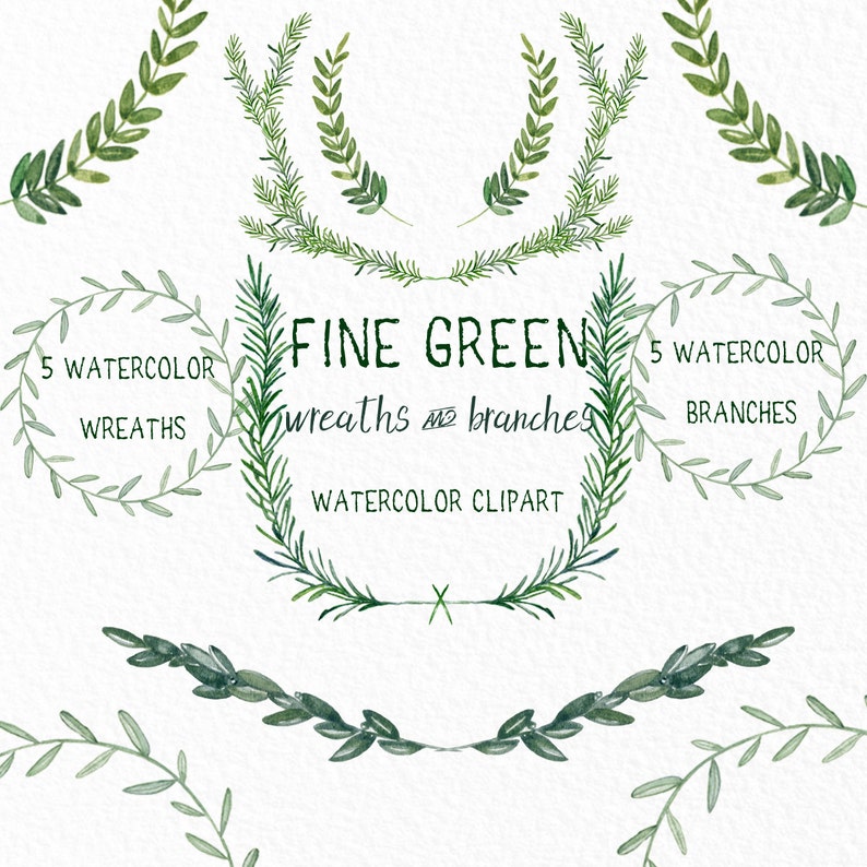 Green Wreaths and Branches. Watercolor Clip Art Hand Drawn. - Etsy