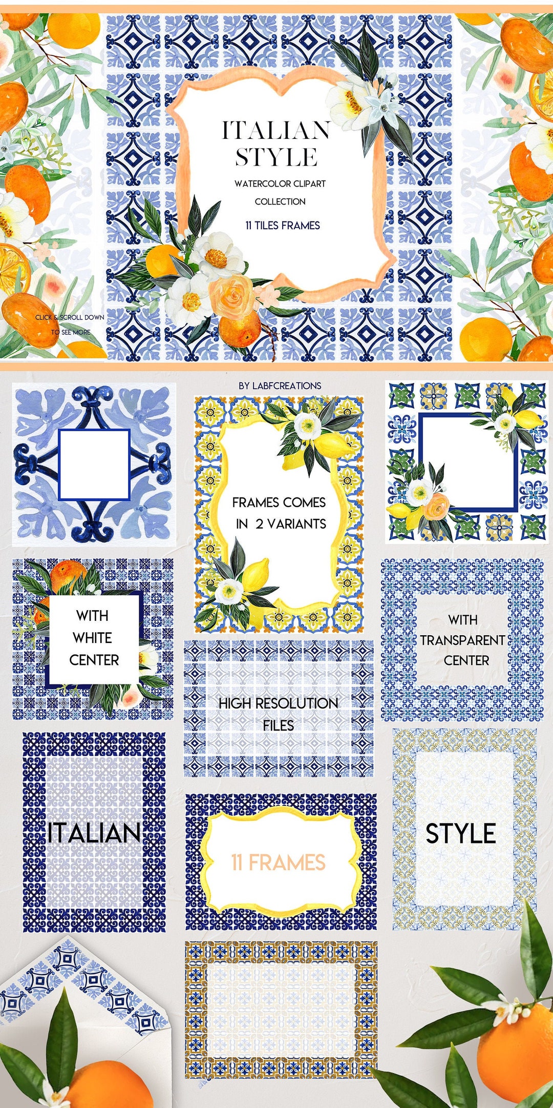 Blue Tile Frames. Italian Style. Mediterranean Tile Frames. Watercolor ...