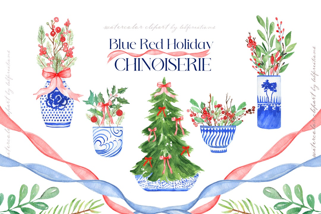 Blue Red Holiday Chinoiserie | Christmas Watercolor Clipart ...