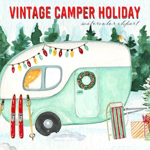 Vintage Camper Holiday Clipart| Christmas Clipart | Watercolor Holiday ...