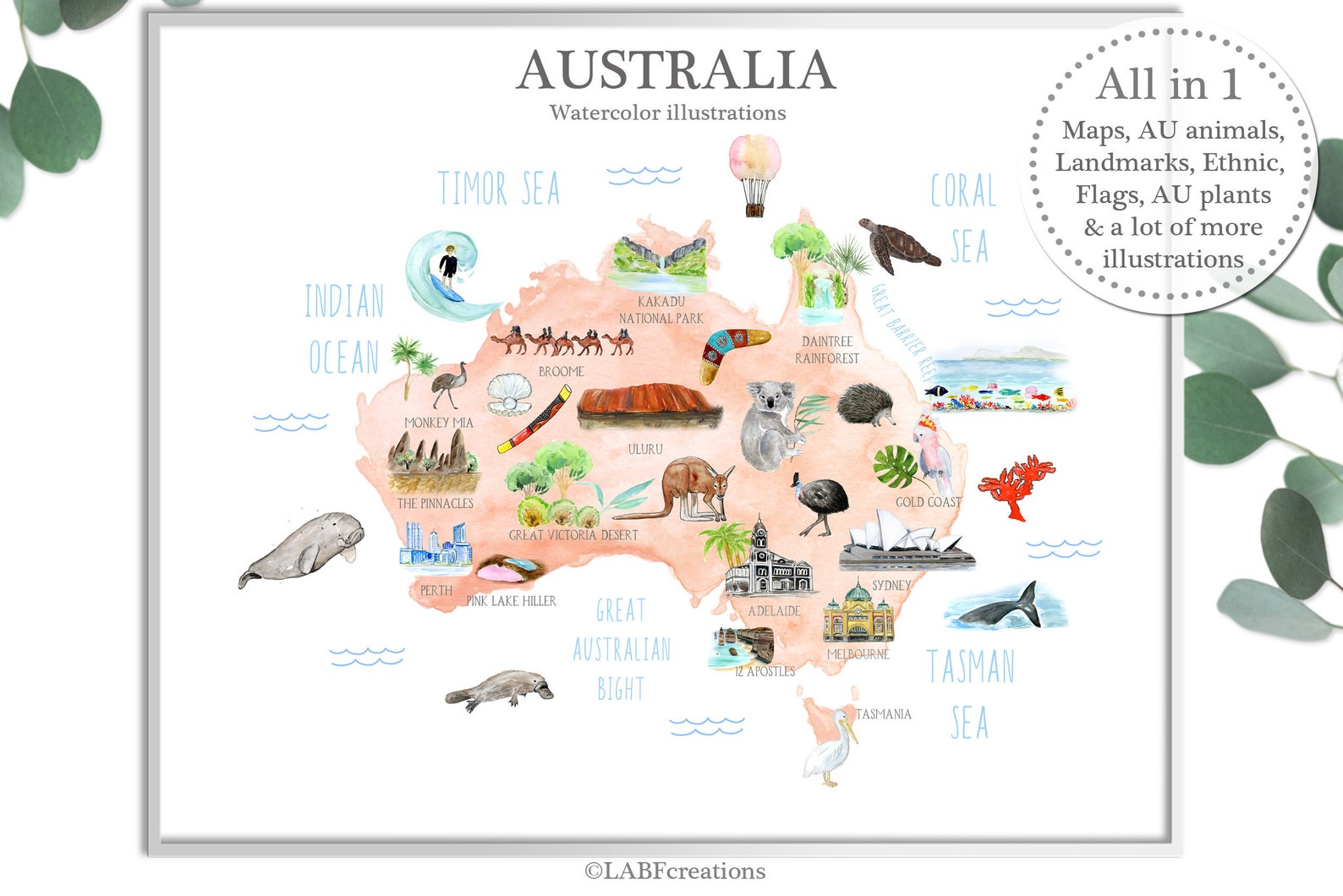 Australia All in One, Watercolor Illustration. Australian. Watercolor ...