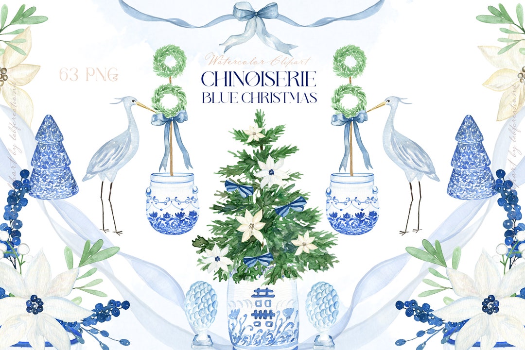 Blue Chinoiserie Christmas Topiary. Blue Watercolor Clipart ...