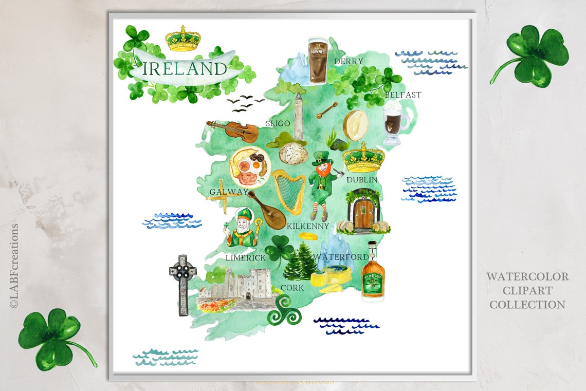 St Patricks Day. Ireland. Watercolor Map. Landmarks and Country ...