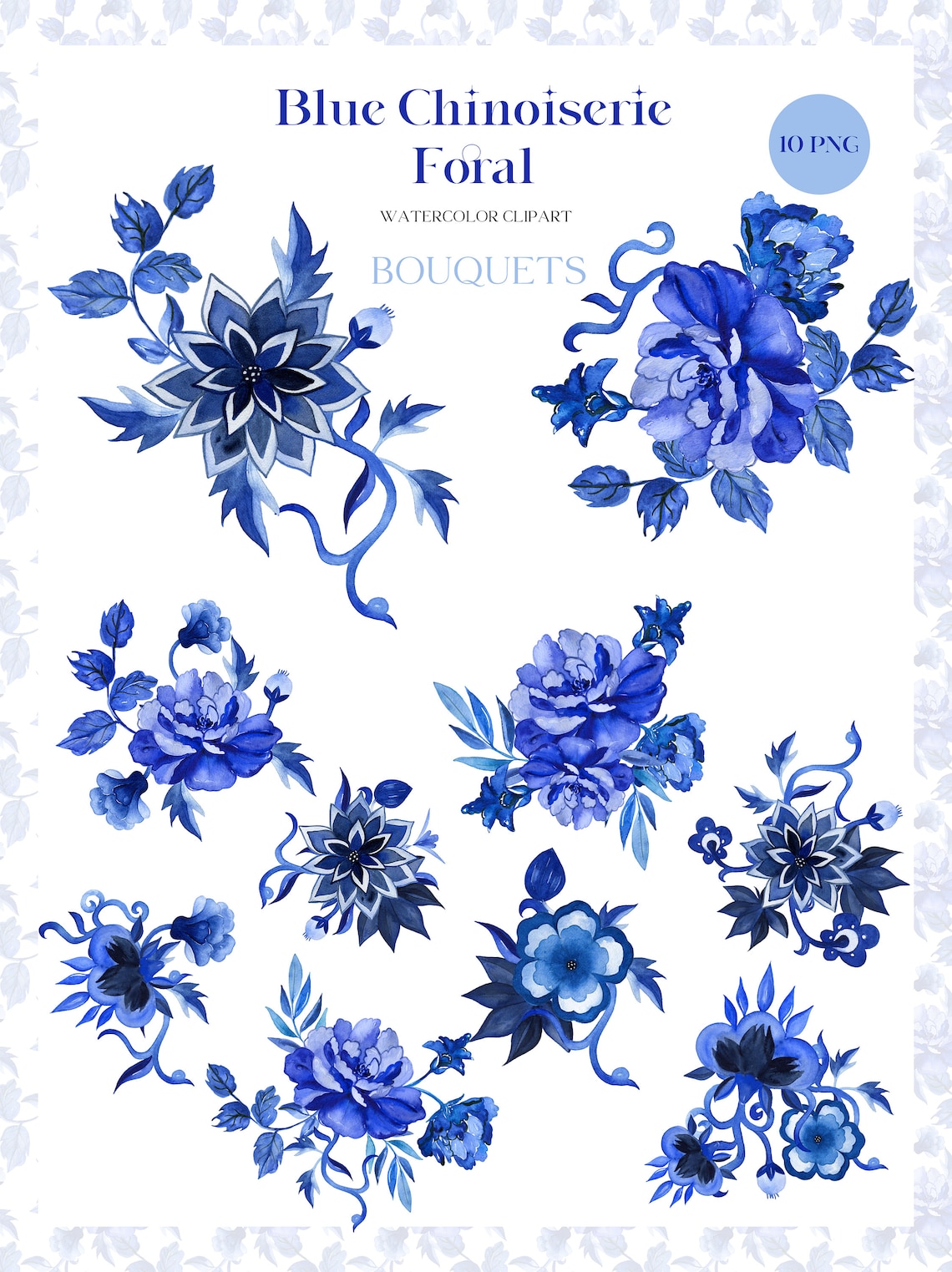 Blue Chinoiserie Flowers Collection All in 1 Watercolor - Etsy France