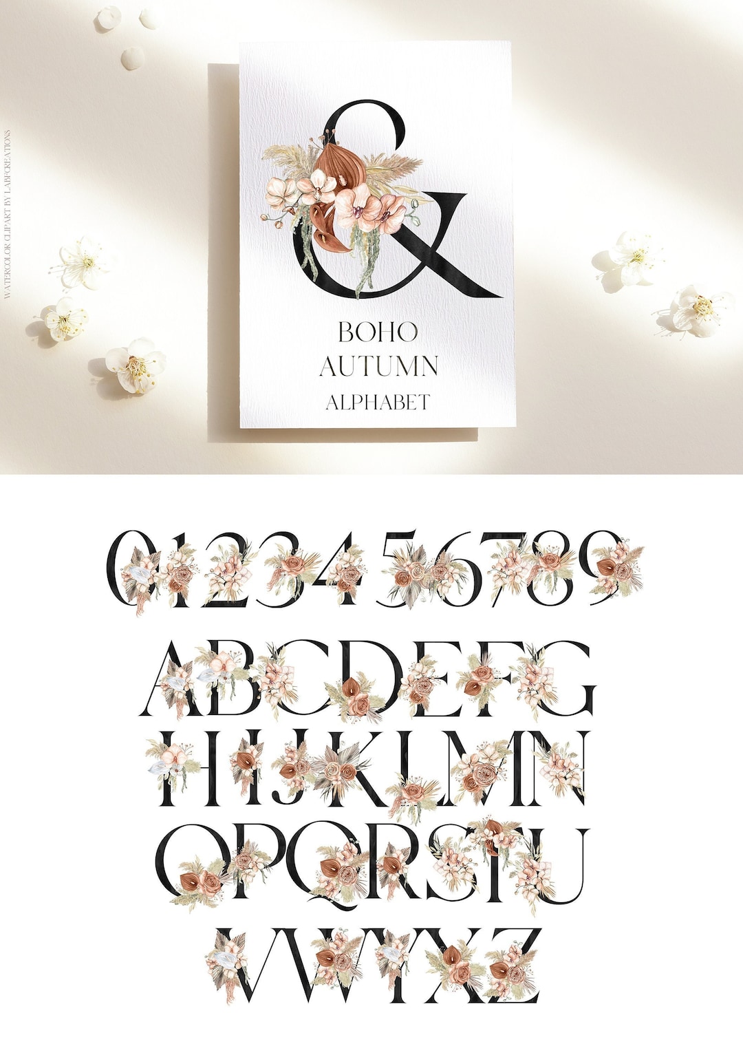 Boho Autumn Watercolor Flowers. ALPHABET & Numbers Rust Beige Fall ...