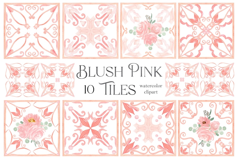 Watercolor Tiles blush Pink and Roses Tiles Watercolor - Etsy