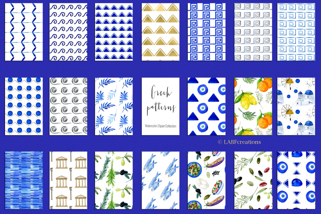 Seamless Patterns and Greek Watercolor Textures. Digital Papers. Greece ...