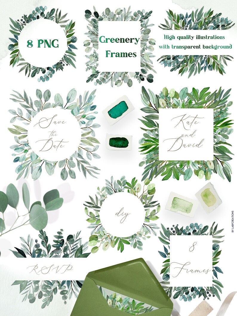 Watercolor Greenery Clipart | Frames | Watercolor Leaves | Green ...