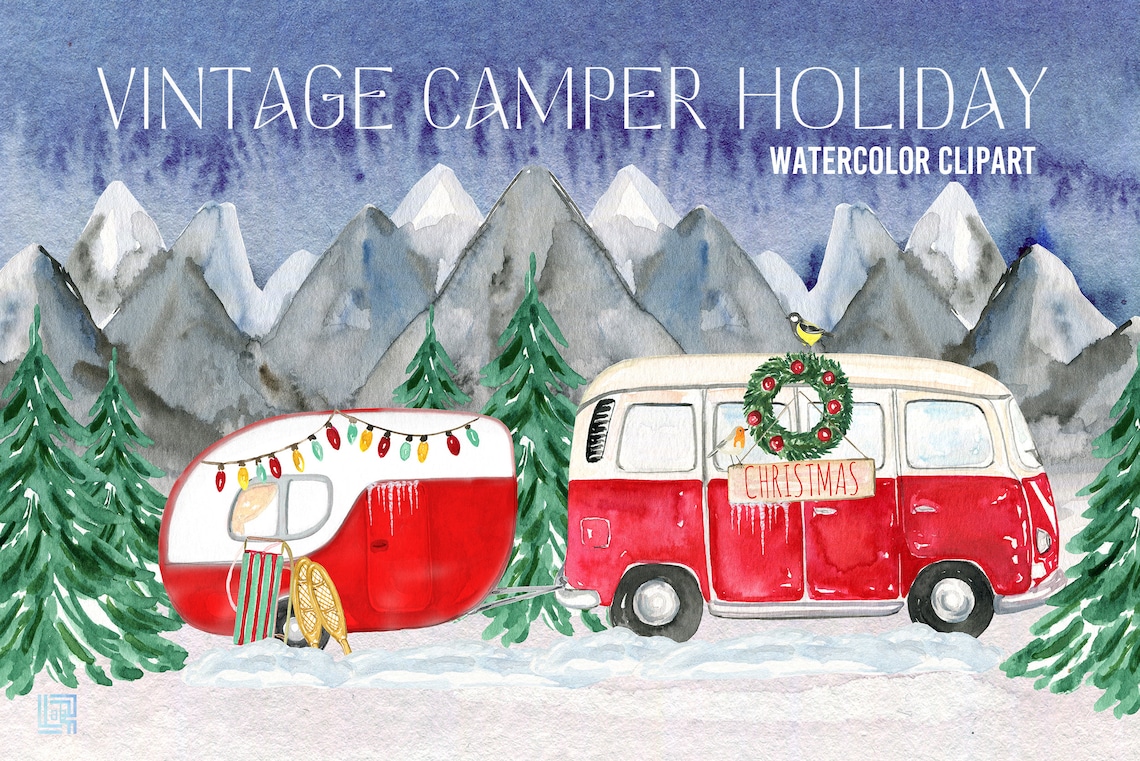 Vintage Camper Holiday Clipart Christmas Clipart Watercolor | Etsy