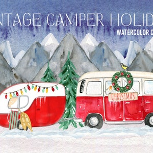 Vintage Camper Holiday Clipart| Christmas Clipart | Watercolor Holiday ...