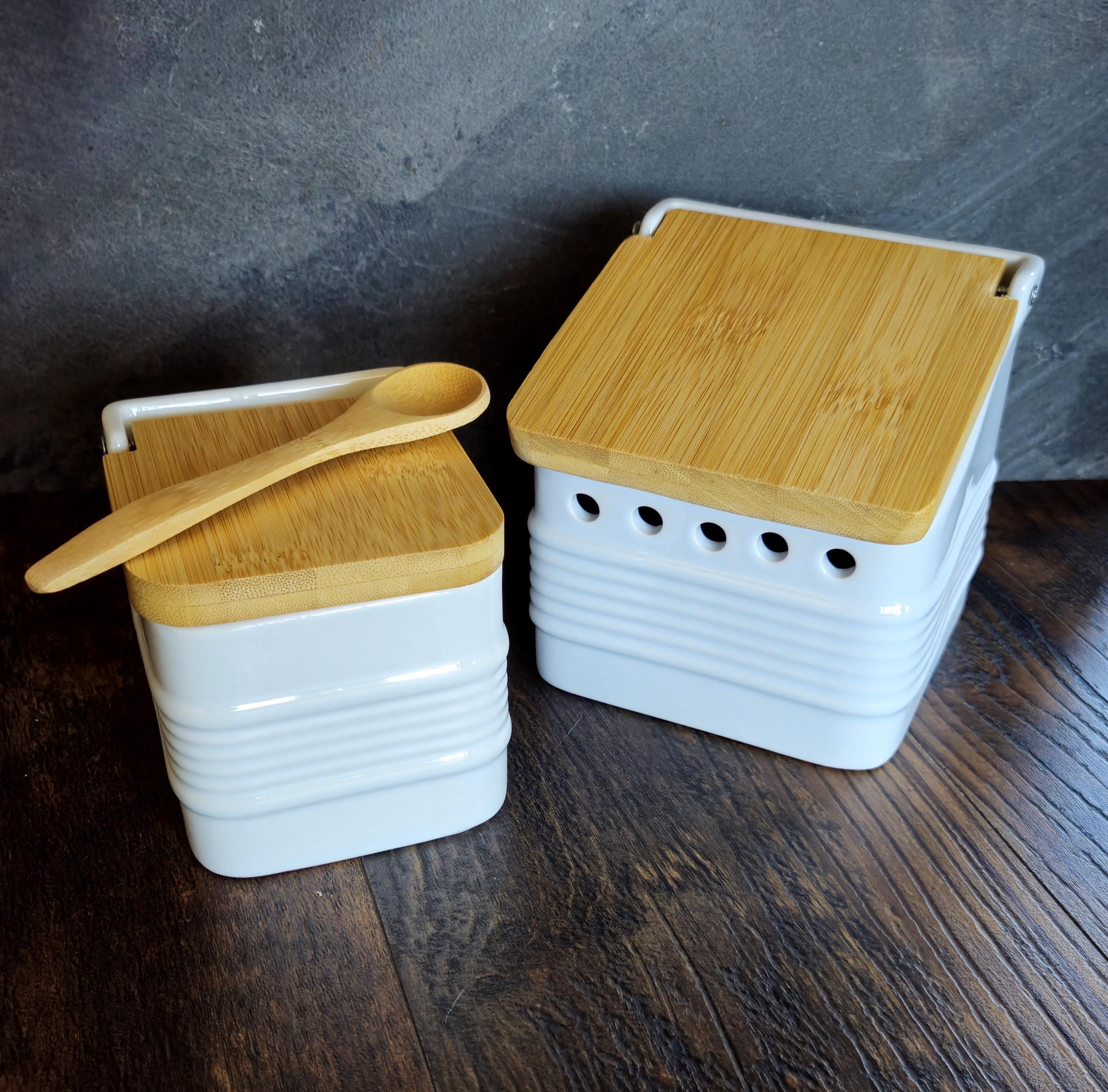 Matching Ceramic Kitchen Storage Set Salt Box Garlic Keeper FREE Bamboo ...