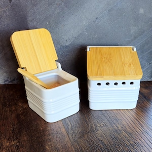 Matching Ceramic Kitchen Storage Set Salt Box Garlic Keeper FREE Bamboo ...