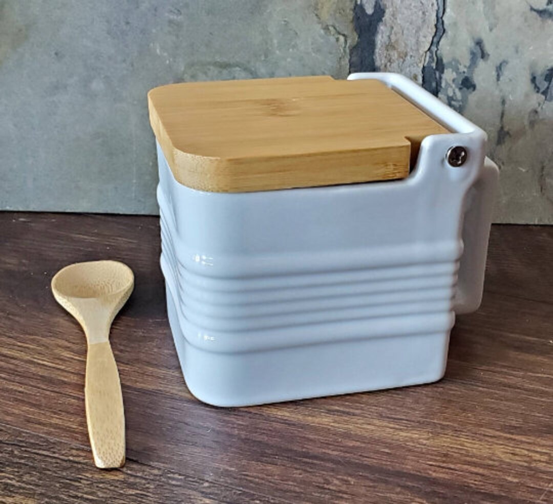 Ceramic Salt Box Bamboo Spoon Himalayan Salt Kitchen Set - Etsy