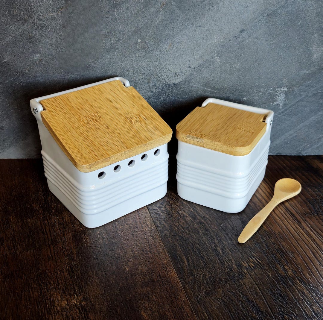 Matching Ceramic Kitchen Storage Set Salt Box Garlic Keeper FREE Bamboo ...