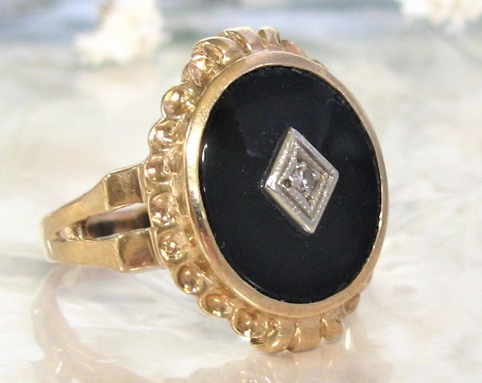 Art Deco Onyx & Diamond Ostby Barton Ring 10K Yellow Gold Scalloped ...