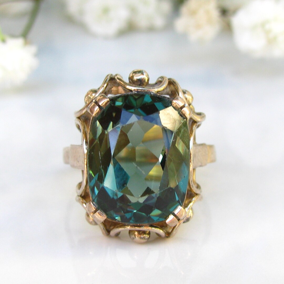 Victorian Etruscan Revival 333 Gold Ring Vintage Green Spinel Ring 8K Yellow Gold Open ...