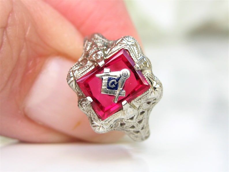 Antique Edwardian Ruby Masonic Ring 14K White Gold Filigree - Etsy