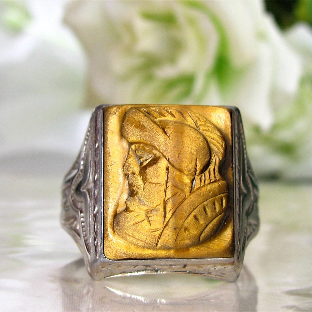 Vintage Left Facing Carved Tiger's Eye Cameo Ring 10K - Etsy
