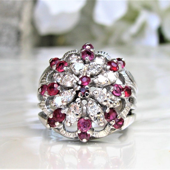 Vintage Ruby & Spinel Diamond Cluster Ring Platinum E… - Gem