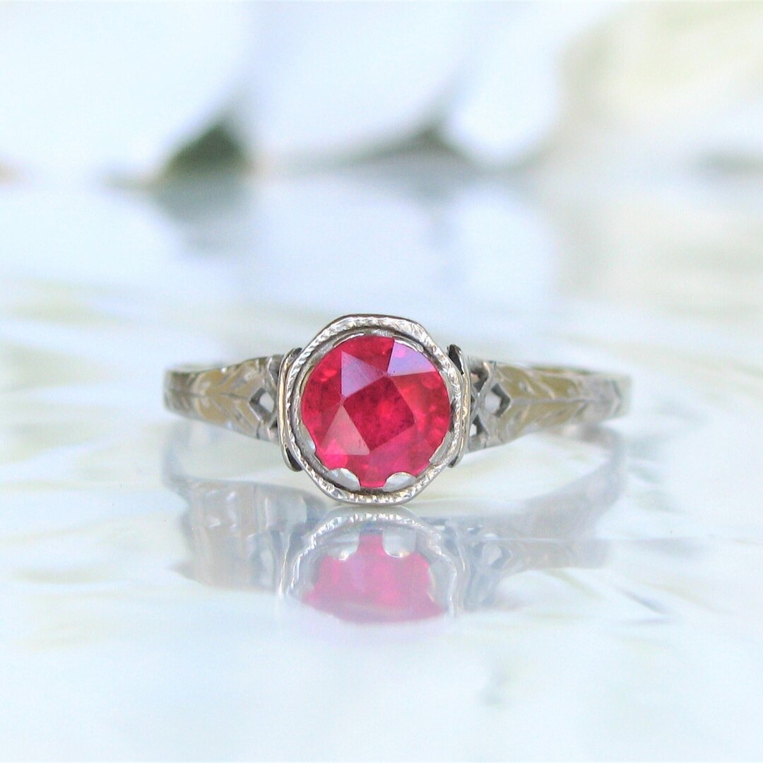 Antique Ruby Engagement Ring 0.65ct Synthetic Ruby Ring 10K White Gold ...