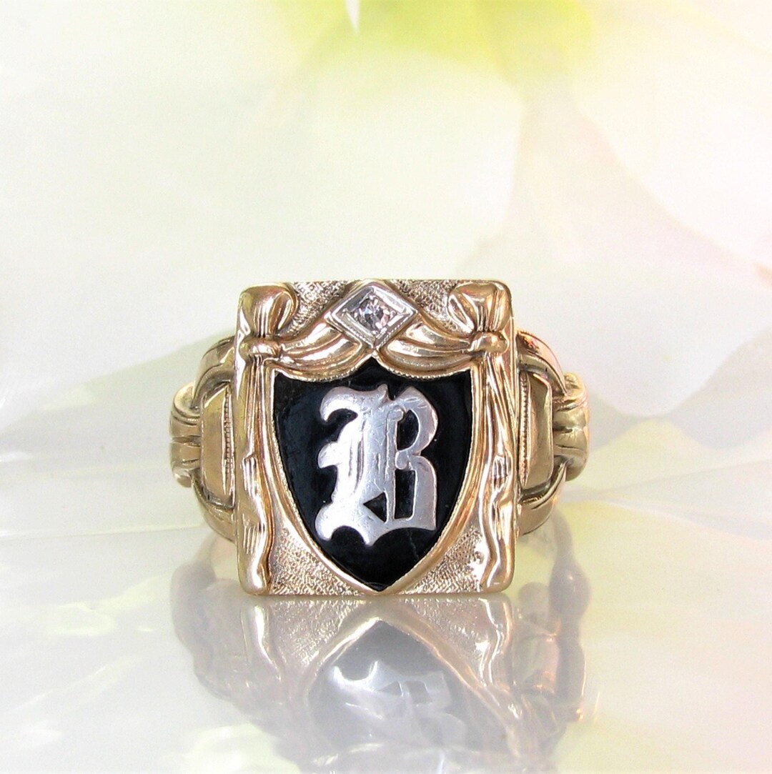 Vintage Signet Ring Unique Initial b Diamond Accent Ring 10K Two Tone ...