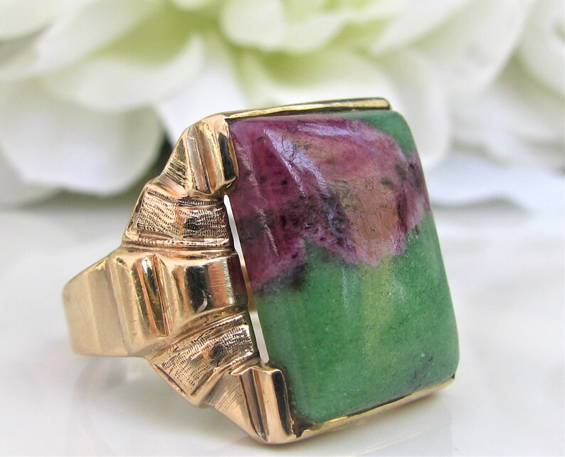 Vintage Ruby Zoisite Ring Handsome 10K Yellow Gold Decorative - Etsy