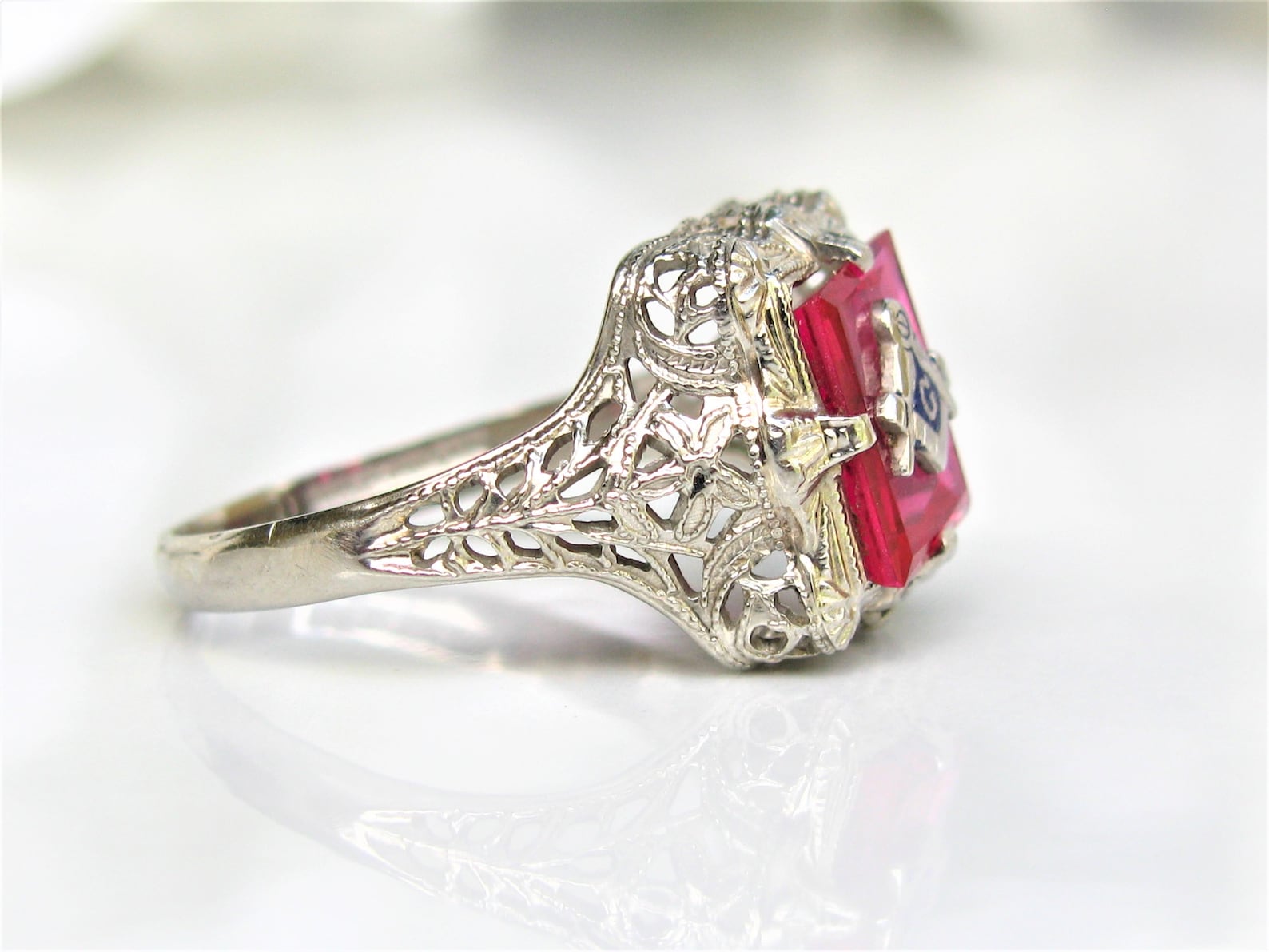Antique Edwardian Ruby Masonic Ring 14K White Gold Filigree - Etsy
