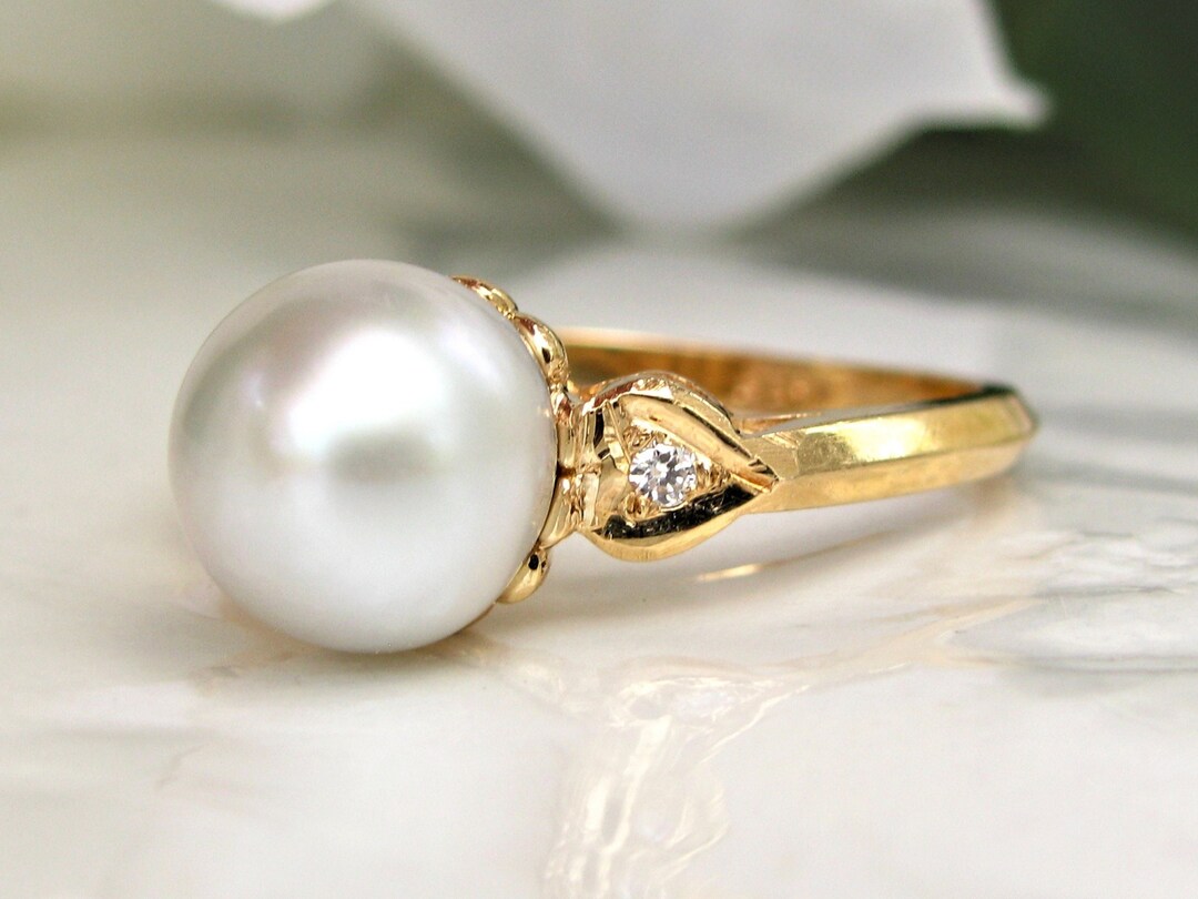 Romantic Pearl & Diamond Ring 14KP Gold Heart Motif Alternative ...