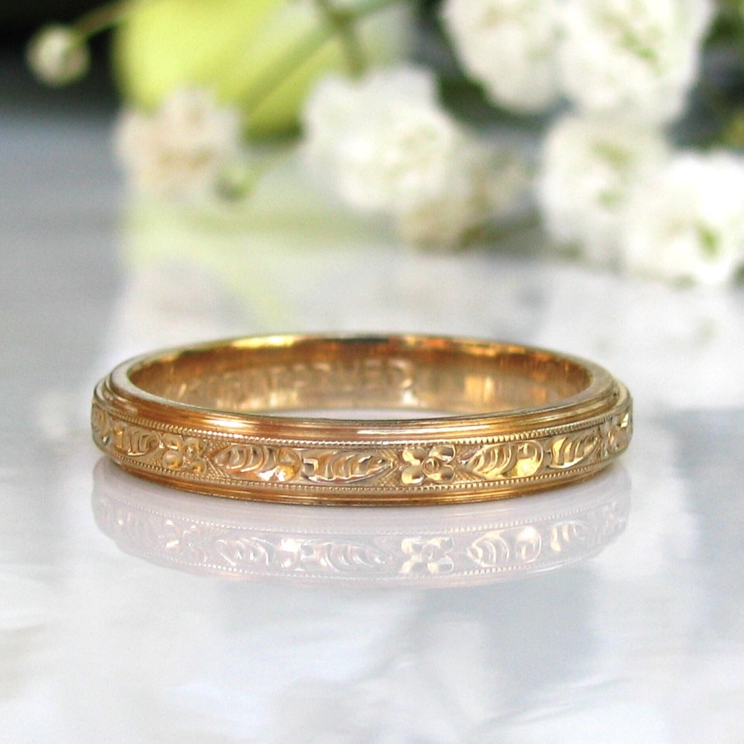 Vintage Art Carved Wedding Band 14K Yellow Gold Floral Patterned ...