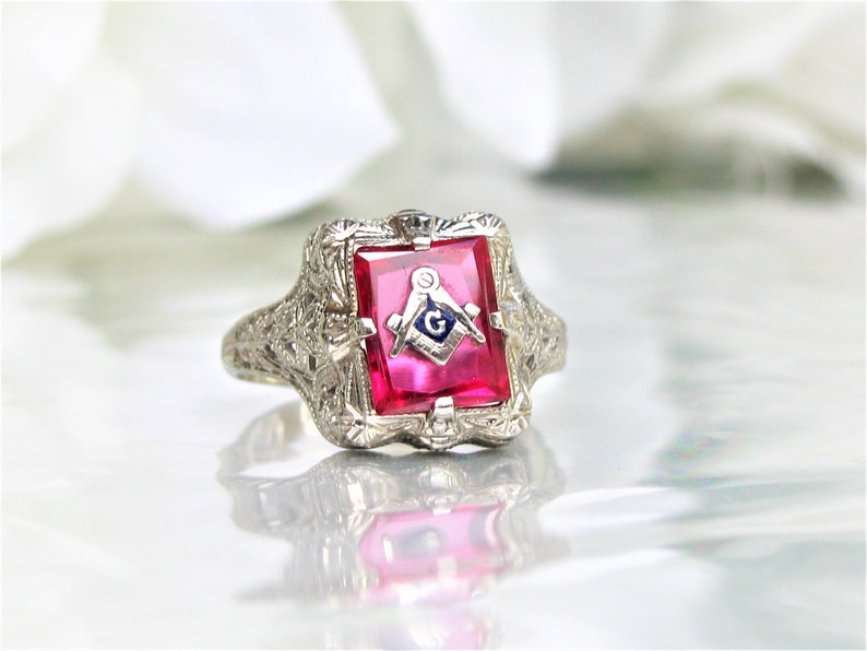Antique Edwardian Ruby Masonic Ring 14K White Gold Filigree - Etsy