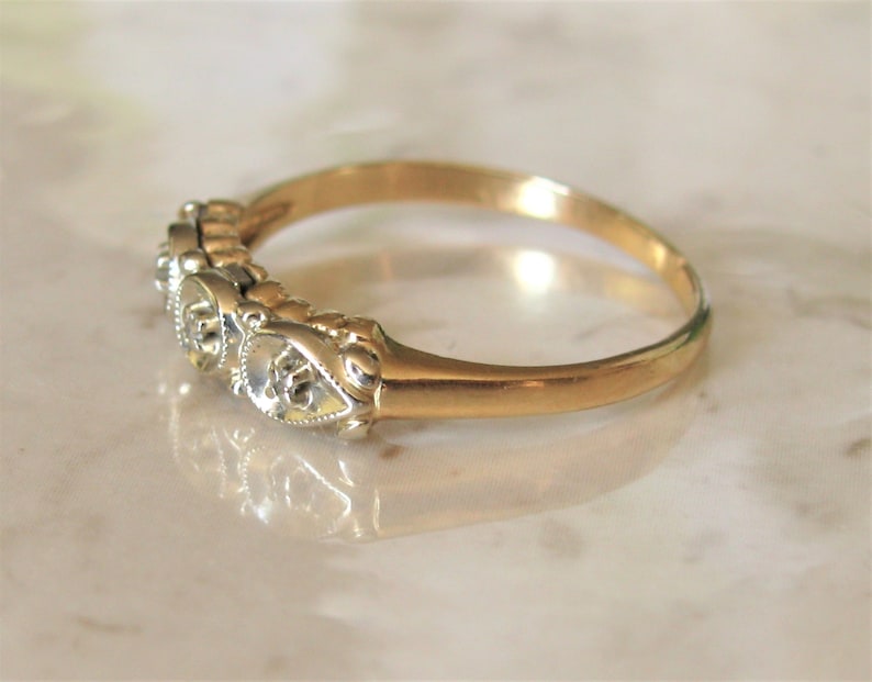 Antique Diamond Accent Wedding Band 14K Two Tone Gold Stacking | Etsy