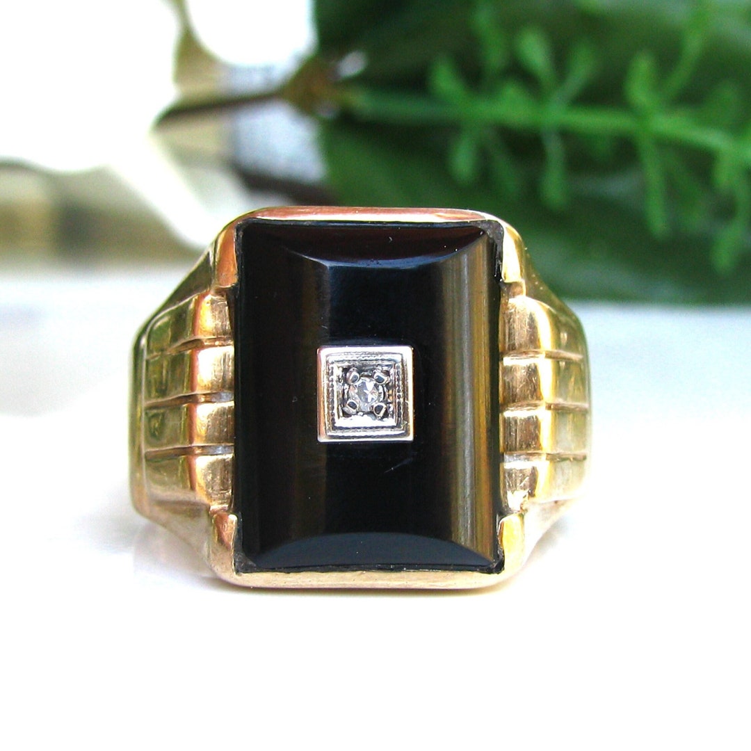 Vintage Men's Onyx Ring Art Deco Diamond Accent 10K Gold Ring Unique ...