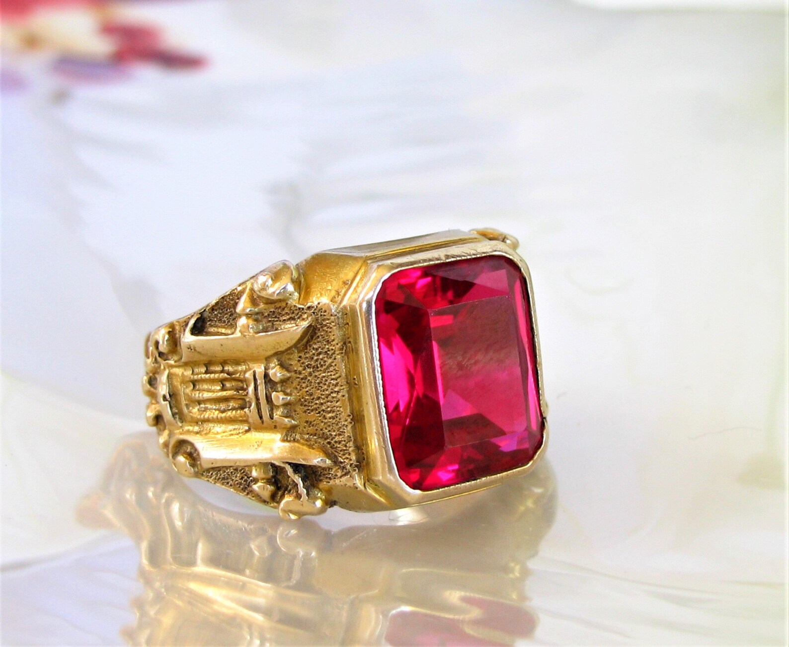 Vintage Engagement Ring 5.21ct Emerald Cut Synthetic Ruby Ring - Etsy
