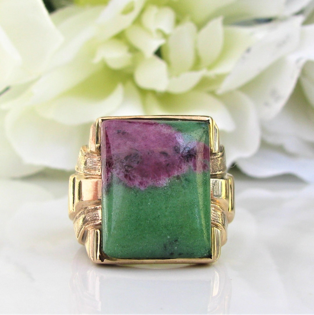 Vintage Ruby Zoisite Ring Handsome 10K Yellow Gold Decorative Detailing ...