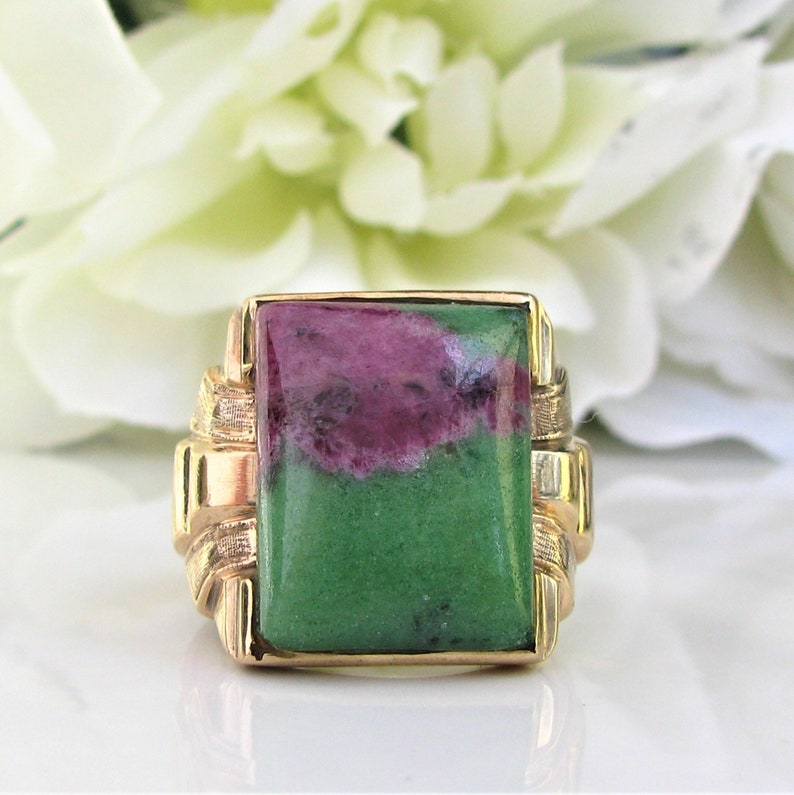 Vintage Ruby Zoisite Ring Handsome 10K Yellow Gold Decorative - Etsy