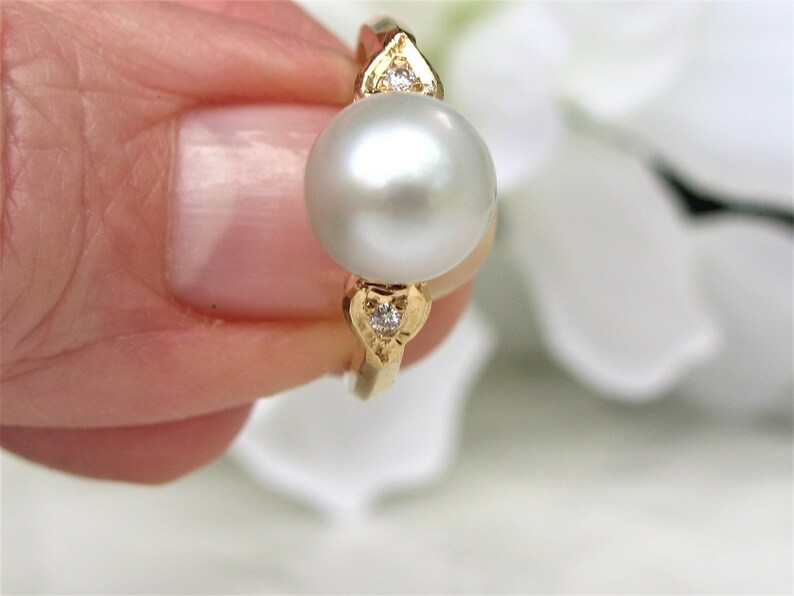 Romantic Pearl & Diamond Ring 14KP Gold Heart Motif - Etsy