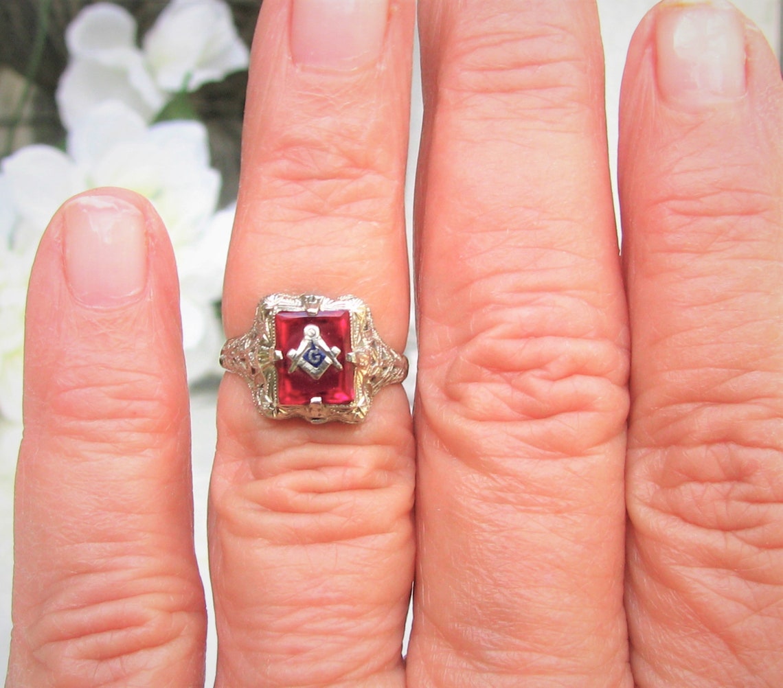 Antique Edwardian Ruby Masonic Ring 14K White Gold Filigree - Etsy