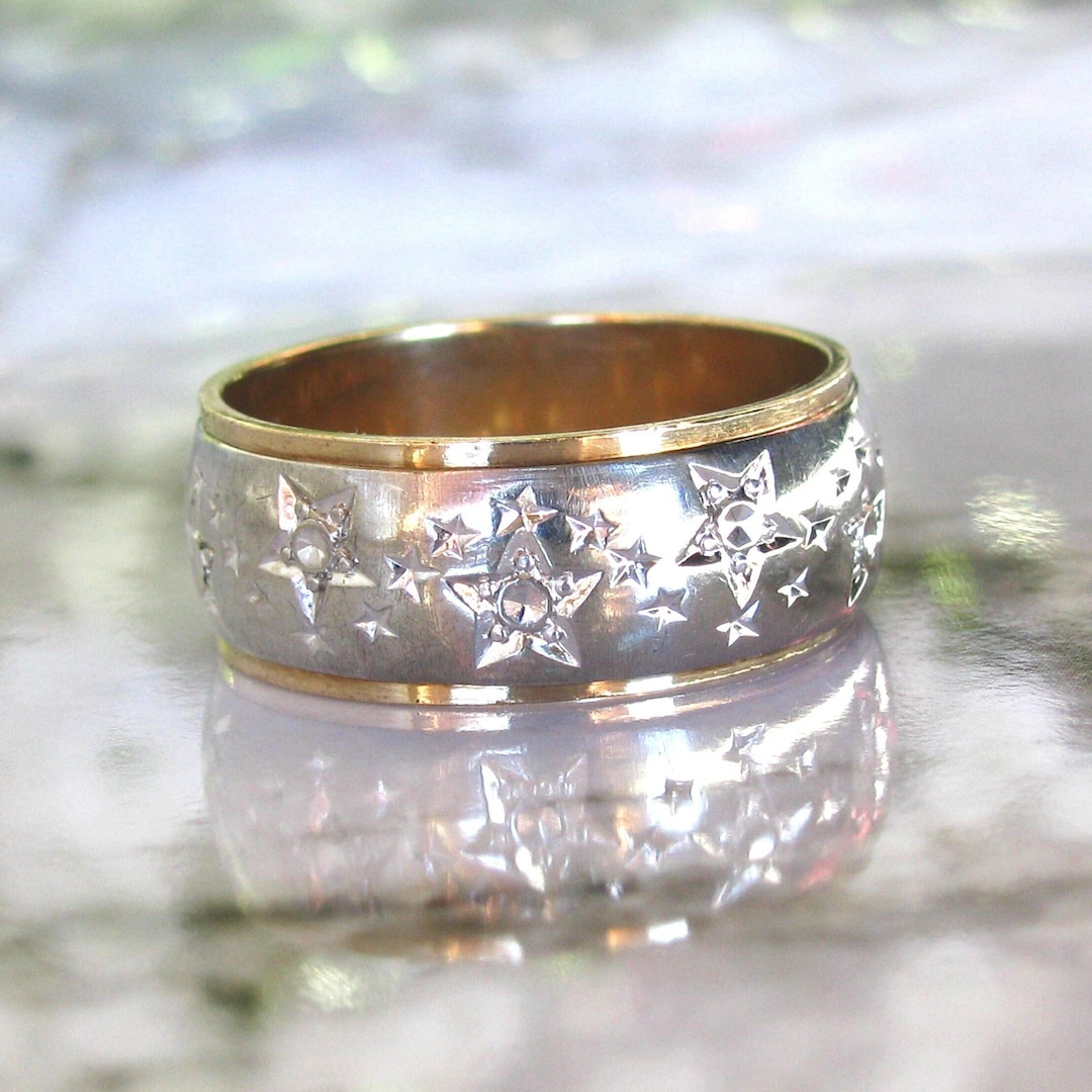 Vintage Art Carved Wedding Band 14K Two Tone Gold Celestial Star Etched ...