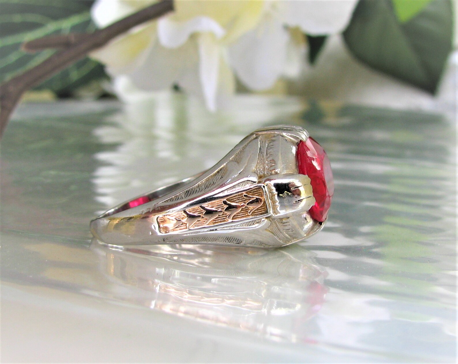 Antique Art Deco Ruby Ring 14K Two Tone Gold Antique Men's - Etsy