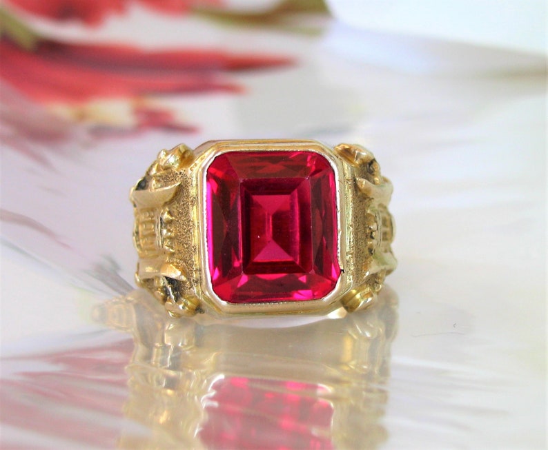 Vintage Engagement Ring 5.21ct Emerald Cut Synthetic Ruby Ring | Etsy